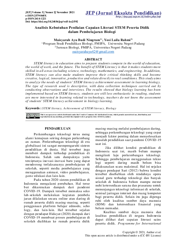 (PDF) Analisis Kebutuhan Penilaian Capaian Literasi STEM Peserta Didik ...