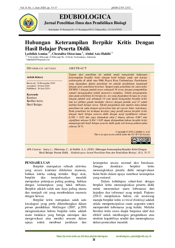 (PDF) Hubungan Keterampilan Berpikir Kritis Dengan Hasil Belajar Peserta Didik
