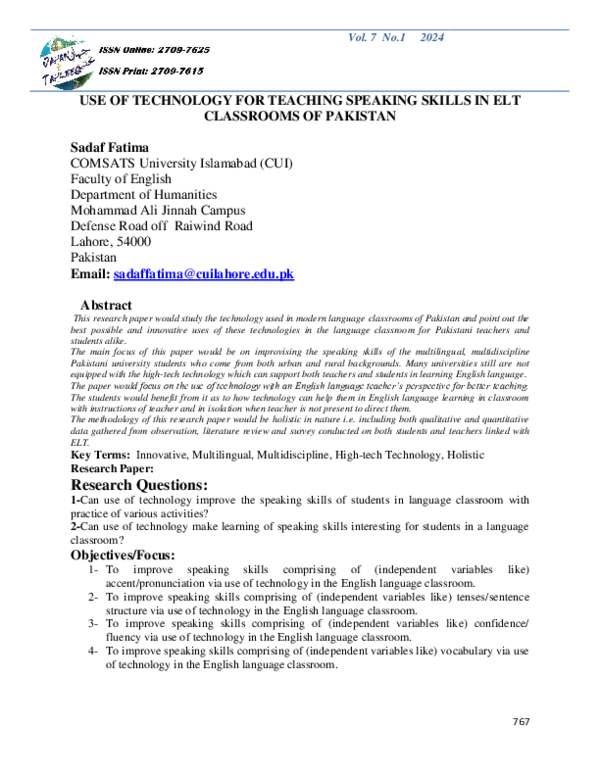 (PDF) USE OF TECHNOLOGY FOR TEACHING SPEAKING SKILLS IN ELT CLASSROOMS OF PAKISTAN