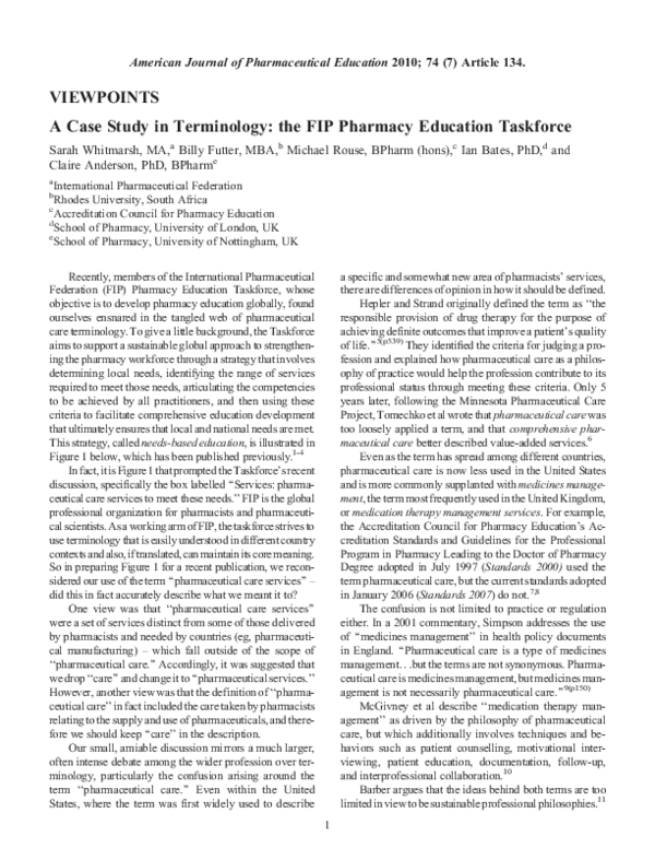 (PDF) A Case Study in Terminology: the FIP Pharmacy Education Taskforce