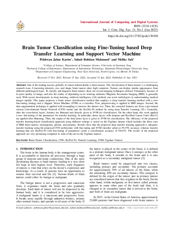 (PDF) Brain Tumor Classification using Fine-Tuning based Deep Transfer Learning and Support ...