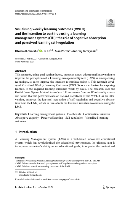 (PDF) Visualising weekly learning outcomes (VWLO) and the intention to continue using a learning ...