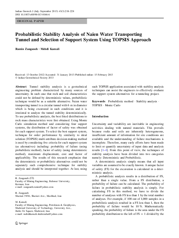 (PDF) Probabilistic Stability Analysis of Naien Water Transporting Tunnel and Selection of ...