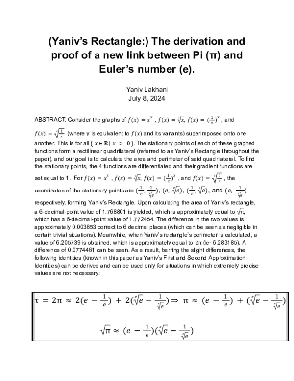 (PDF) Yaniv's Rectangle: The derivation and proof of a new link between Pi (π) and Euler's ...