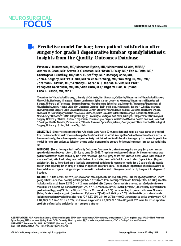 (PDF) Predictive model for long-term patient satisfaction after surgery ...