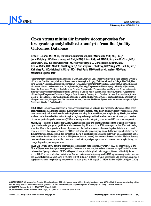 (PDF) Open versus minimally invasive decompression for low-grade spondylolisthesis: analysis ...