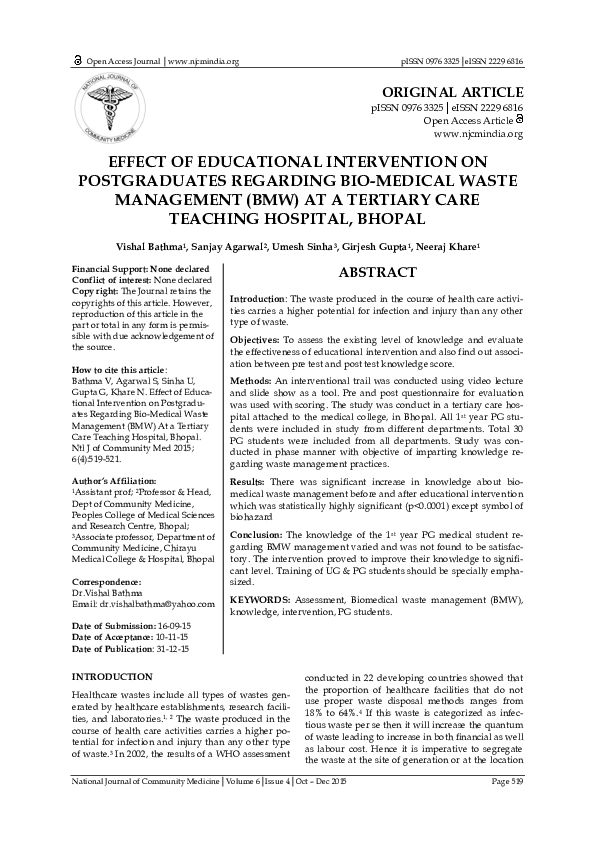 (PDF) EFFECT OF EDUCATIONAL INTERVENTION ON POSTGRADUATES REGARDING BIO ...