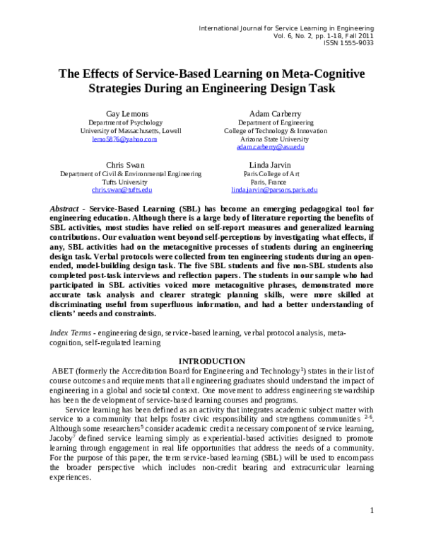 (PDF) The Effects of Service-Based Learning on Metacognitive Strategies During an Engineering ...