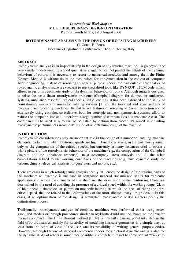 (PDF) Rotordynamic Analysis in the Design of Rotating Machinery