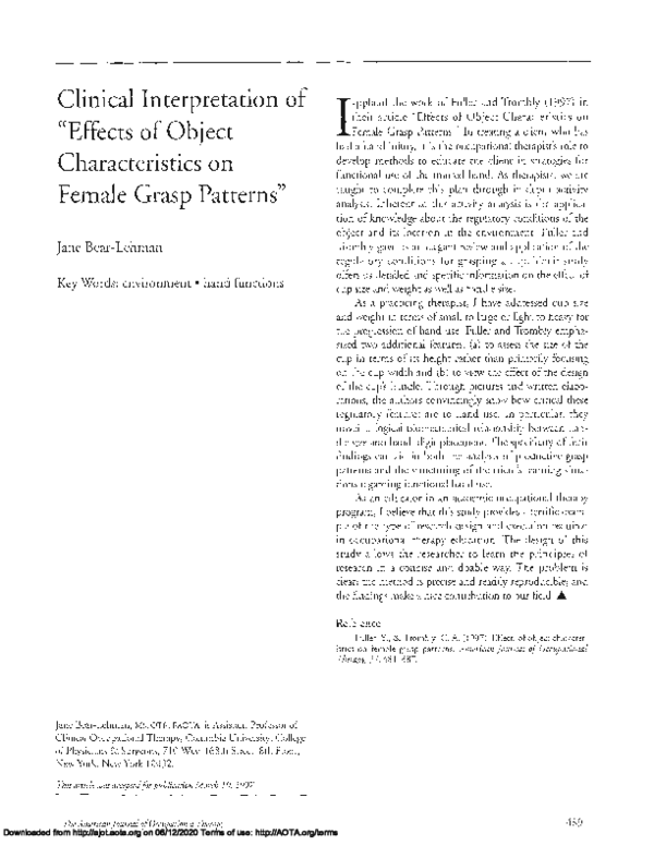 (PDF) Clinical Interpretation of "Effects of Object Characteristics on Female Grasp Patterns