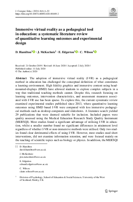 (PDF) Immersive virtual reality as a pedagogical tool in education: a systematic literature ...