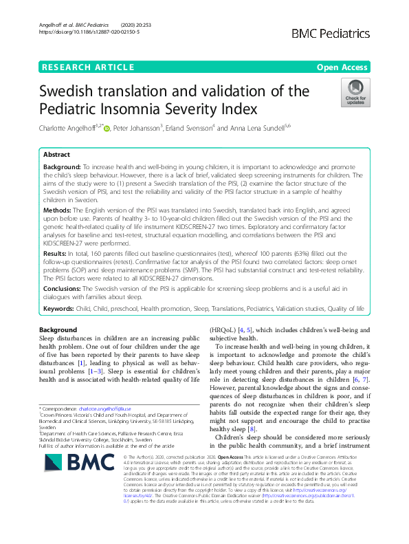 (PDF) Swedish translation and validation of the Pediatric Insomnia ...