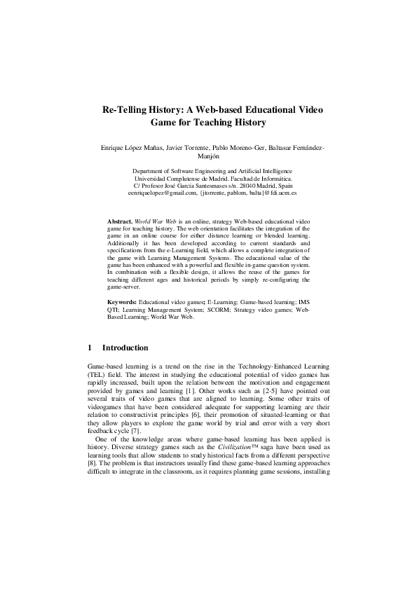 (PDF) Re-Telling History: A Web-based Educational Videogame for ...