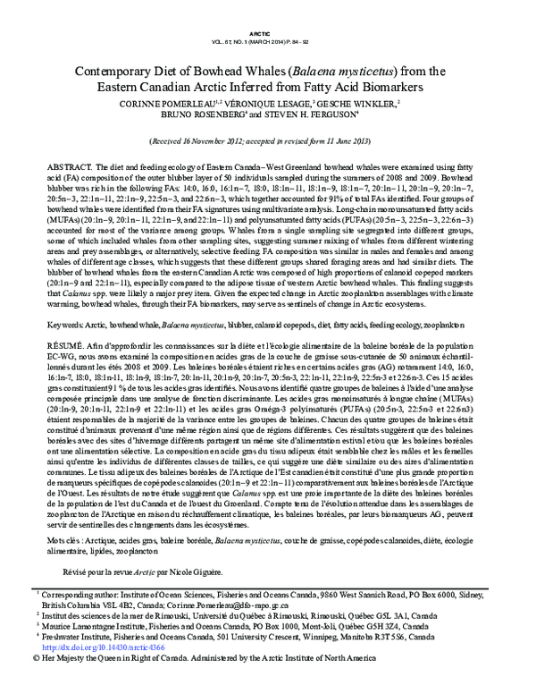 (PDF) Contemporary Diet of Bowhead Whales ( Balaena mysticetus ) from ...