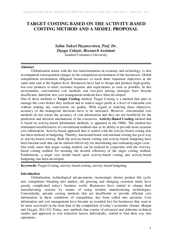 (PDF) Target Costing Based on the Activity-Based Costing Method and a ...