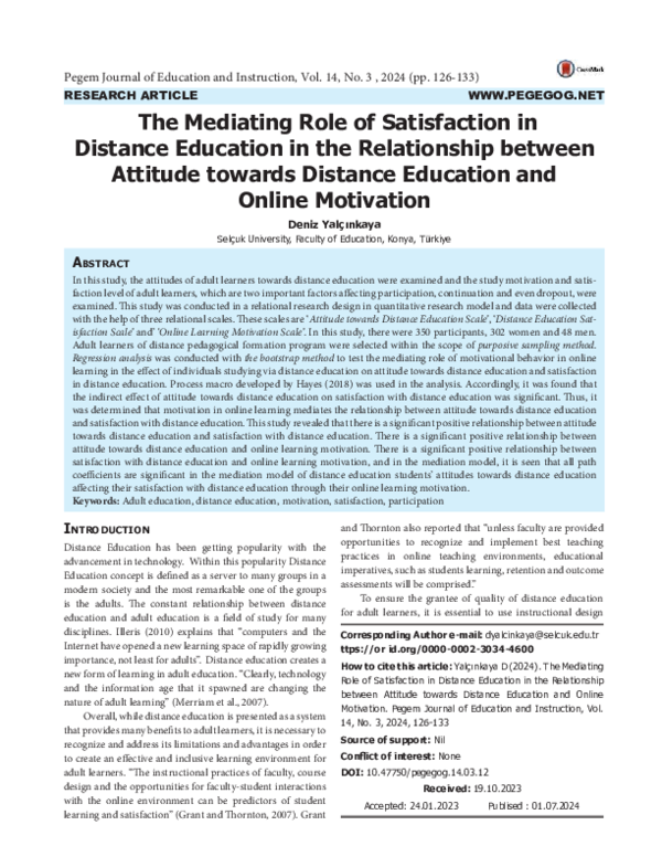 (PDF) The Mediating Role of Satisfaction in Distance Education in the Relationship between ...