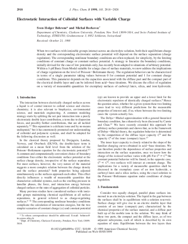 Pdf Electrostatic Interaction Of Colloidal Surfaces With Variable Charge