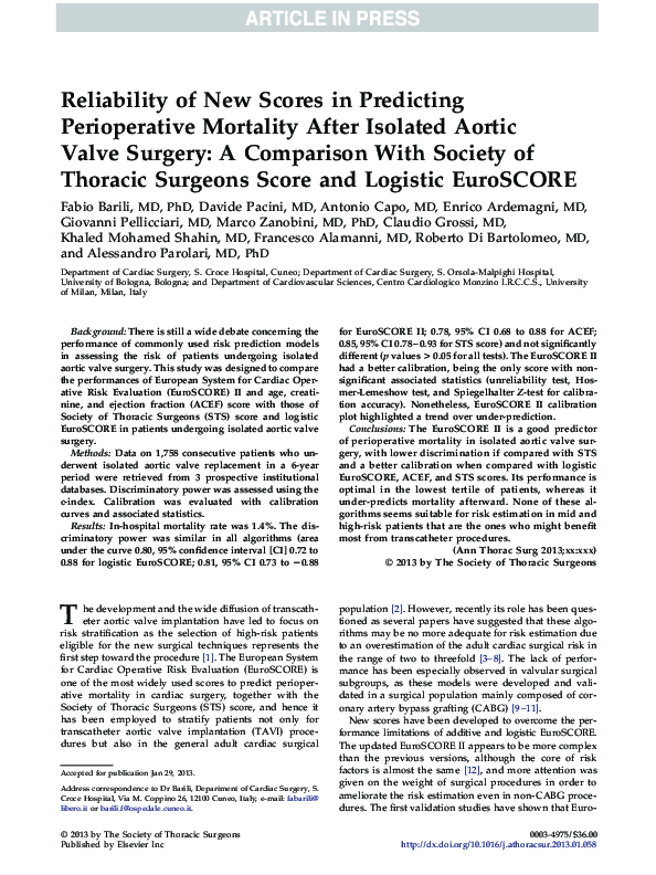 (PDF) Reliability of New Scores in Predicting Perioperative Mortality ...