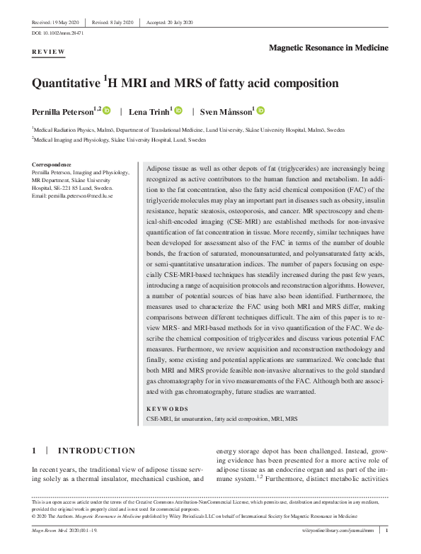 (PDF) Quantitative 1H MRI and MRS of fatty acid composition