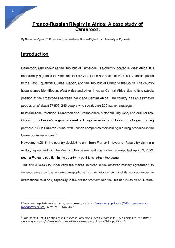 (PDF) Franco-Russian Rivalry in Africa: A case study of Cameroon
