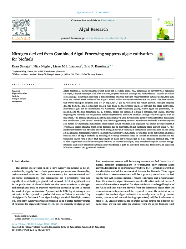 (PDF) Nitrogen derived from Combined Algal Processing supports algae ...