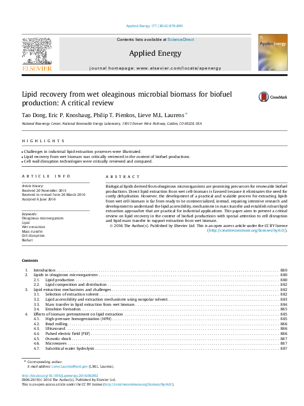 (PDF) Lipid recovery from wet oleaginous microbial biomass for biofuel production: A critical review