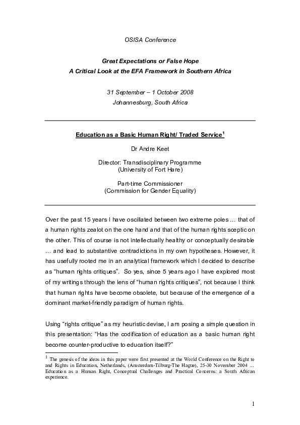 (PDF) Great Expectations or False Hope A Critical Look at the EFA Framework in Southern Africa