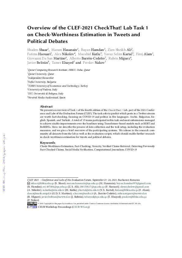 (PDF) Overview of the CLEF-2021 CheckThat! Lab Task 1 on Check ...