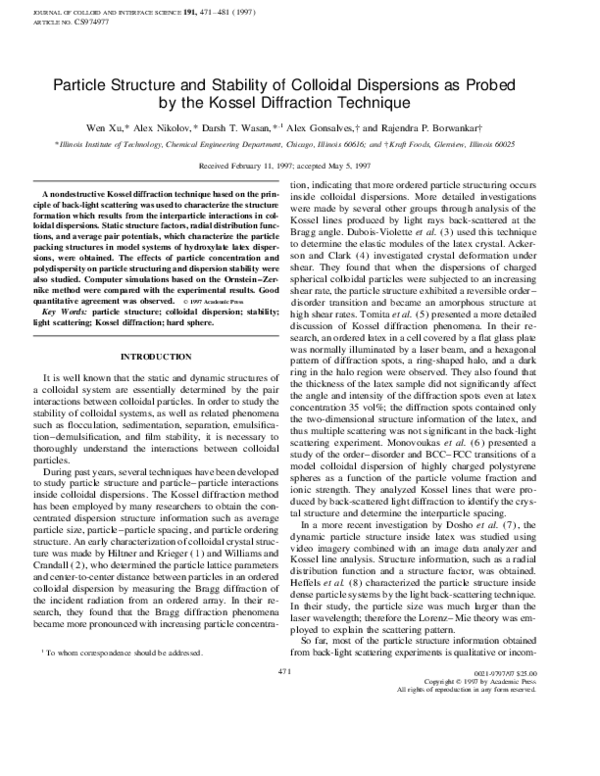 (PDF) Particle Structure and Stability of Colloidal Dispersions as ...