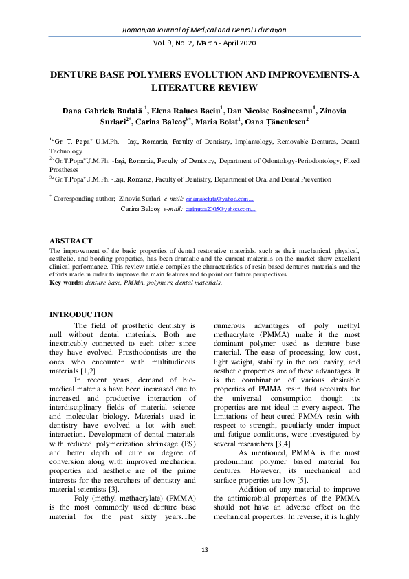 (PDF) Denture Base Polymers Evolution and Improvements-A Literature Review