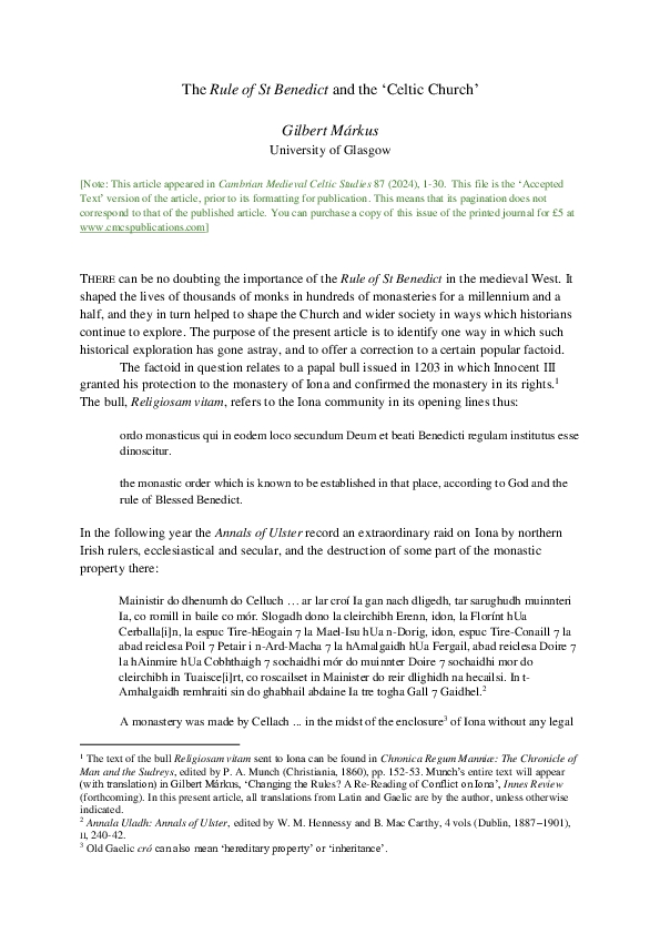 (PDF) The Rule of St Benedict and the 'Celtic Church'
