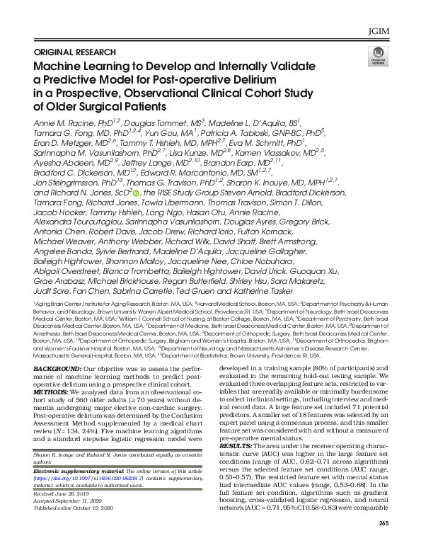 (PDF) Machine Learning to Develop and Internally Validate a Predictive Model for Post-operative ...