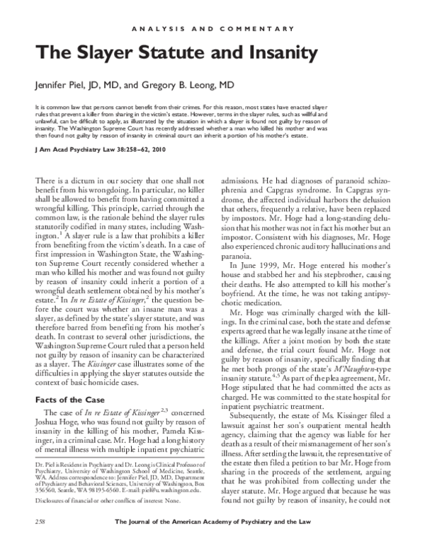 (PDF) The slayer statute and insanity