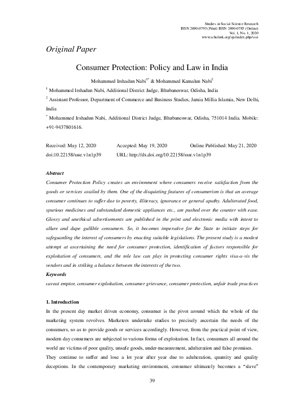 (PDF) Consumer Protection: Policy and Law in India
