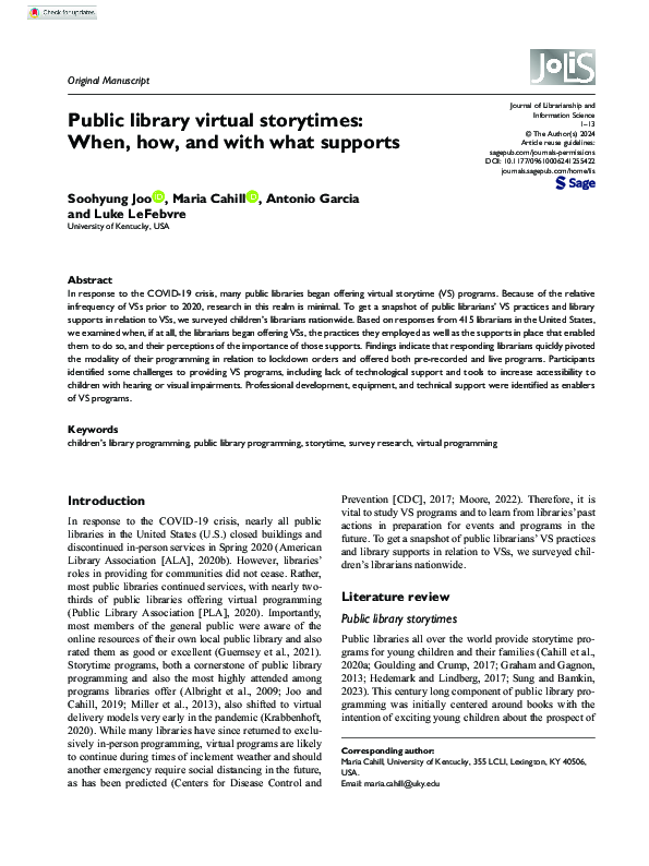 (PDF) Public library virtual storytimes: When, how, and with what supports
