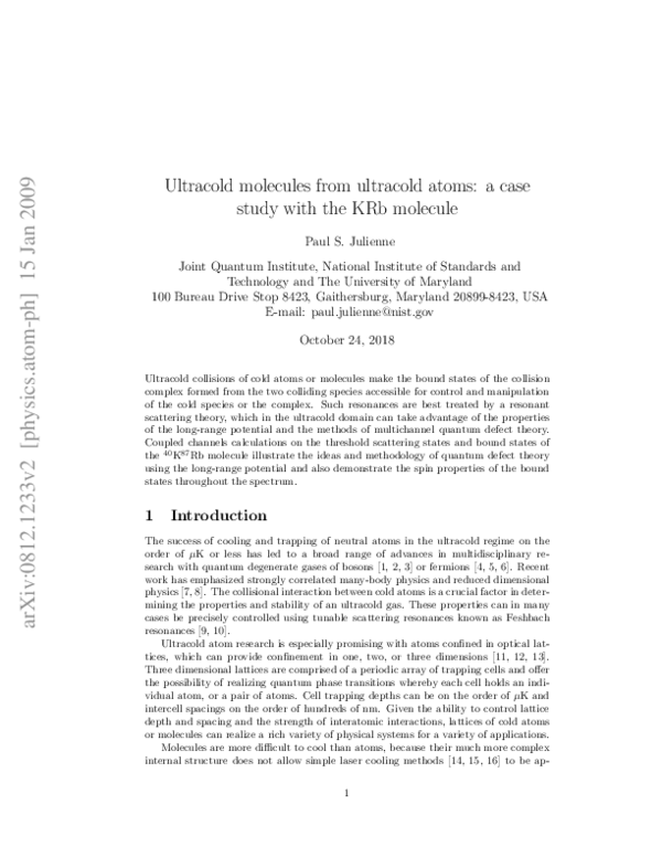 (PDF) Ultracold molecules from ultracold atoms: a case study with the ...