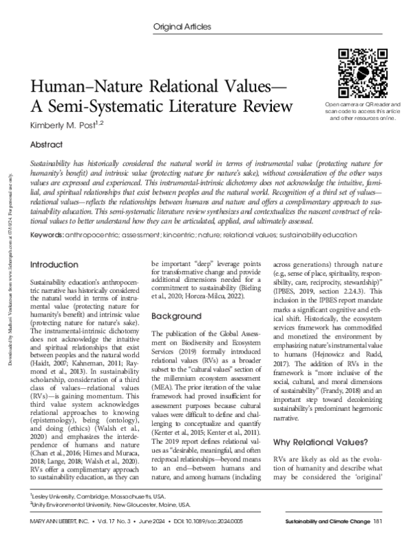 (PDF) Human–Nature Relational Values—A Semi-Systematic Literature Review