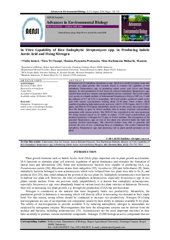 (PDF) Jn Vitro Capability of Rice Endophytic Streptomyces spp. in Producing lndole Acetic Acid ...
