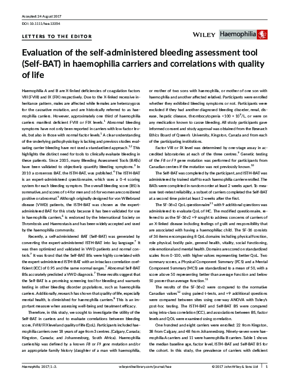 (PDF) Evaluation of the self-administered bleeding assessment tool ...