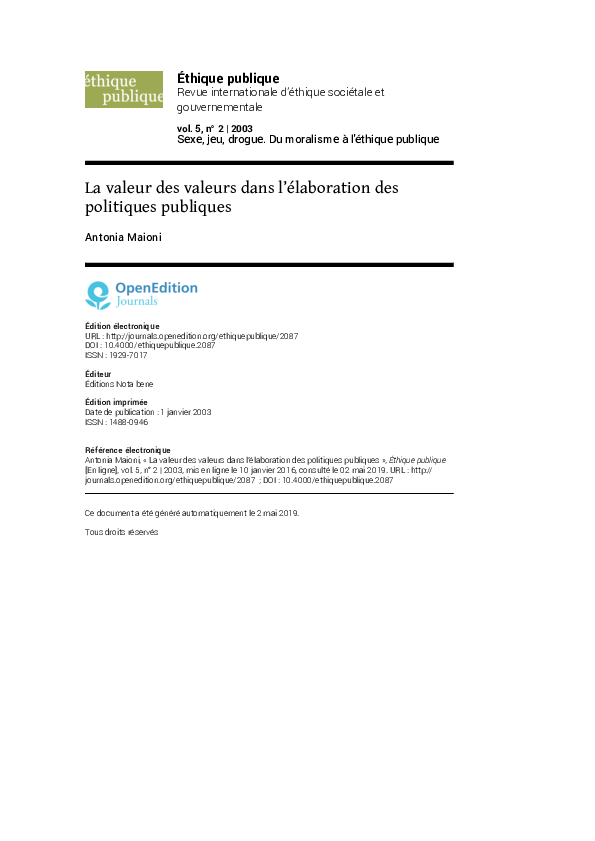 (PDF) La valeur des valeurs dans l’élaboration des politiques publiques