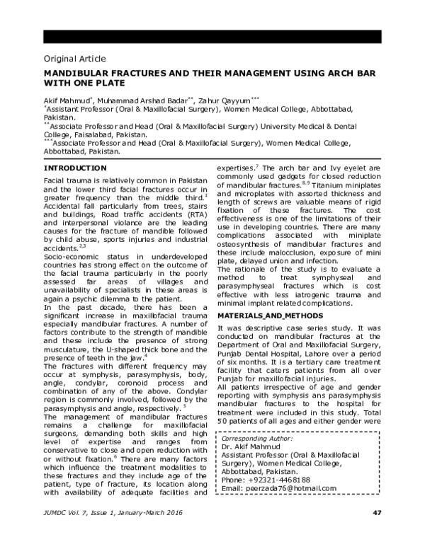 (PDF) Mandibular Fractures and Their Management Using Arch Bar with One ...