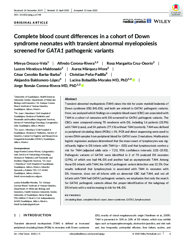 (PDF) Complete blood count differences in a cohort of Down syndrome ...