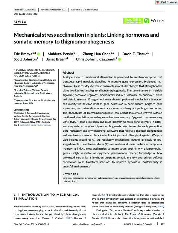 (PDF) Mechanical stress acclimation in Plants: Linking hormones and ...