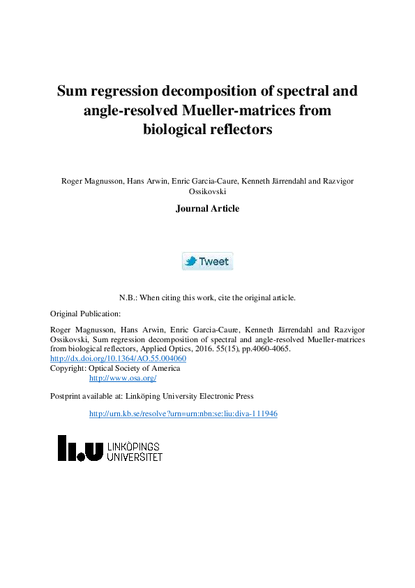 Pdf Sum Regression Decomposition Of Spectral And Angle Resolved Mueller Matrices From