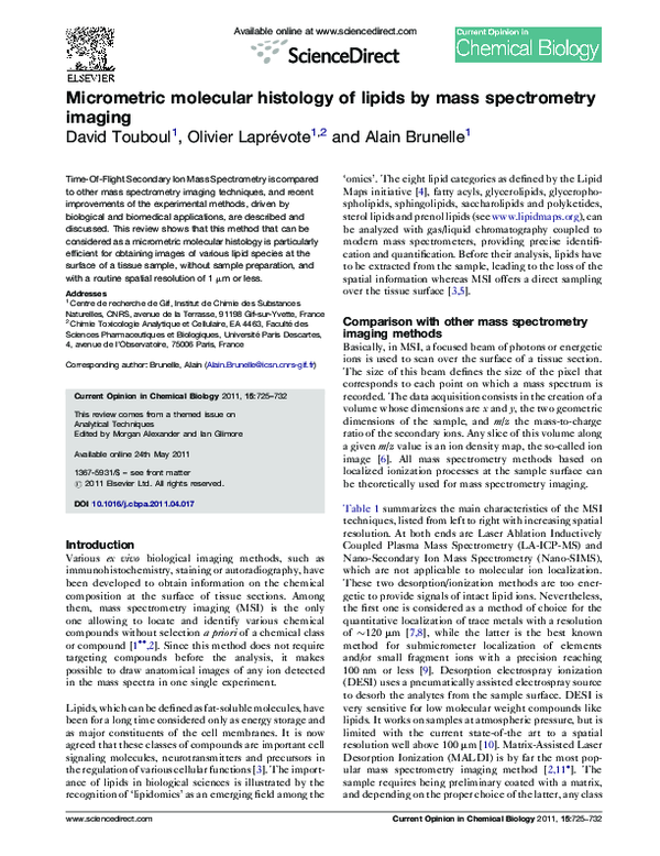 (PDF) Micrometric molecular histology of lipids by mass spectrometry imaging
