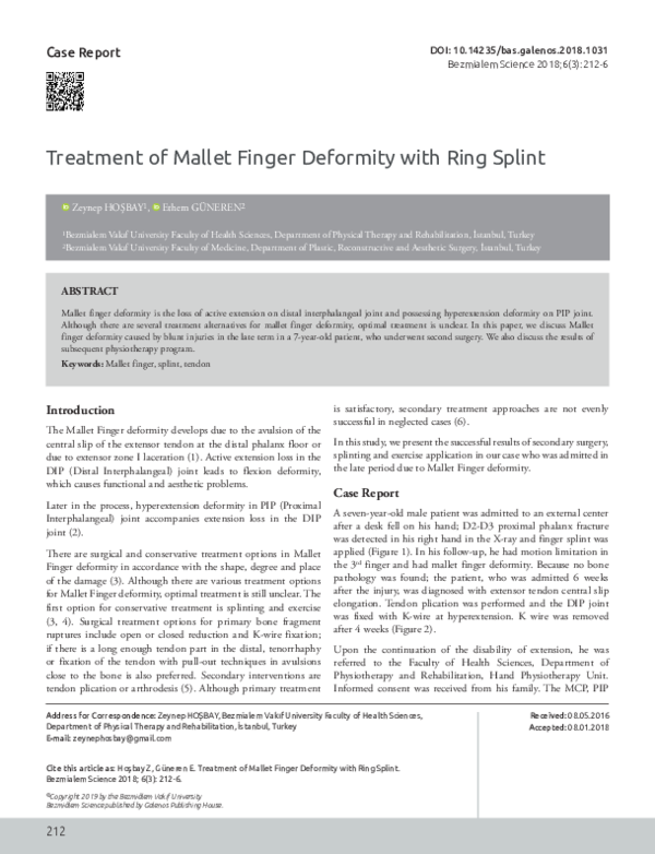 (PDF) Treatment of Mallet Finger Deformity with Ring Splint