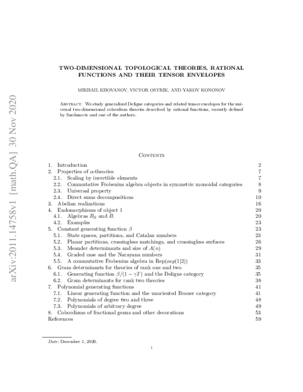 (PDF) Two-dimensional topological theories, rational functions and their tensor envelopes