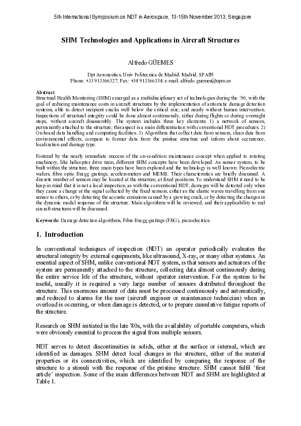 (PDF) SHM Technologies and Applications in Aircraft Structures