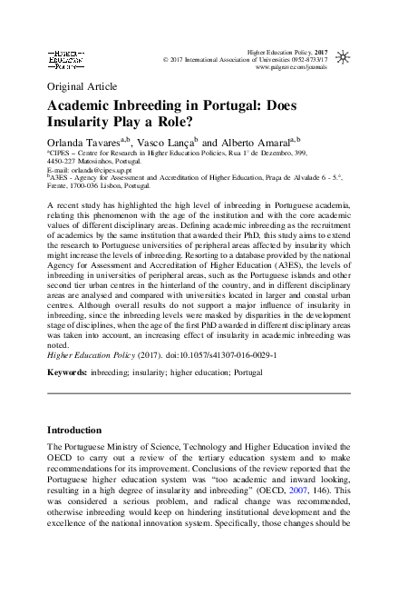 (PDF) Academic Inbreeding in Portugal: Does Insularity Play a Role?