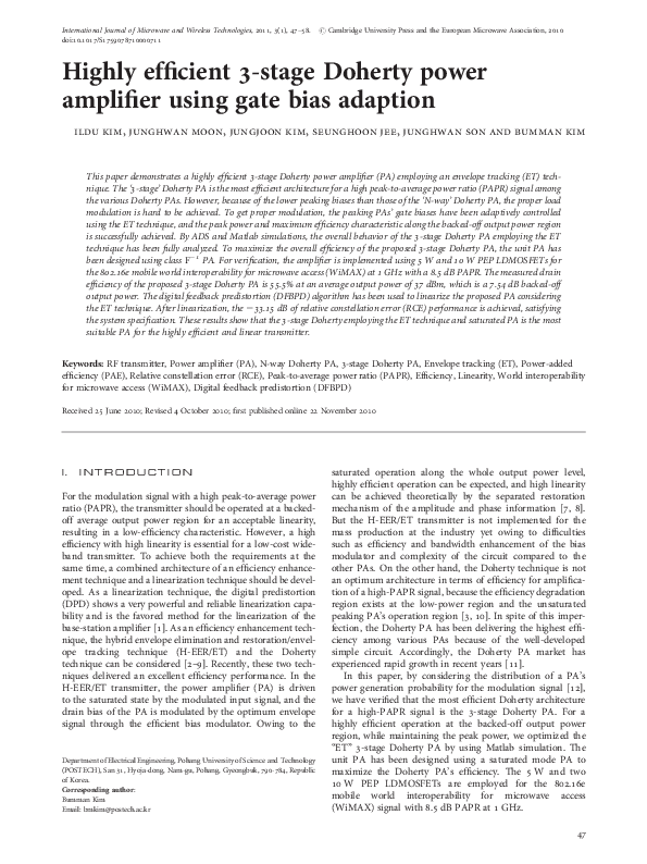 (PDF) Highly efficient 3-stage Doherty power amplifier using gate bias adaption